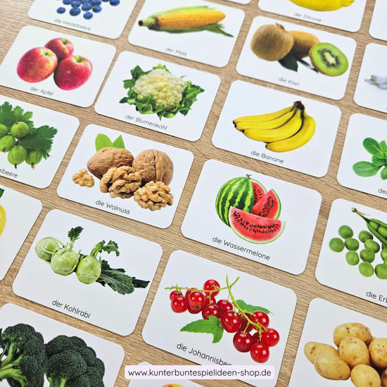 Obst- und Gemüse-Bildkarten mit Artikel – 46 Montessori-Karten mit ...